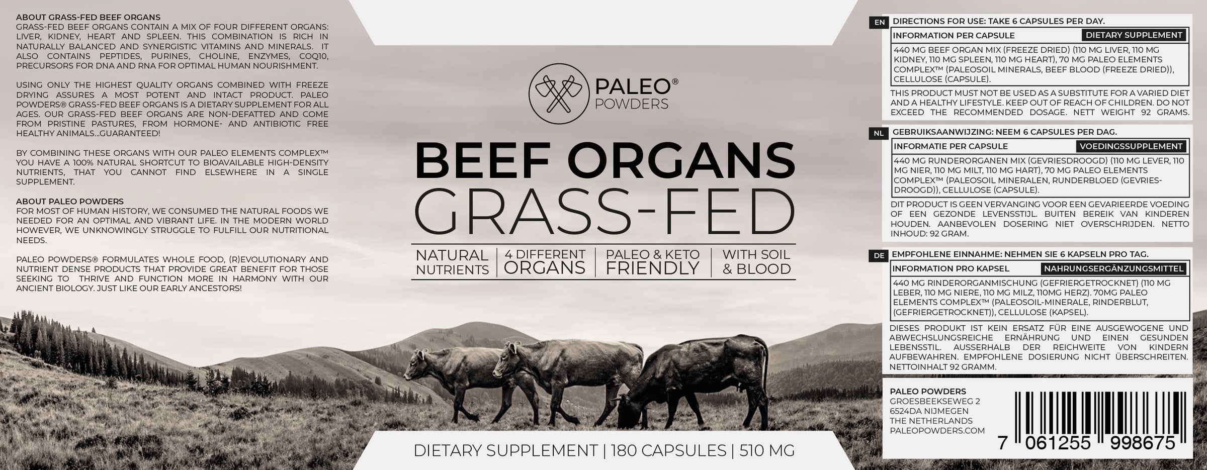 Beef Organs - Grass Fed - 180 capsules - Paleo Powders